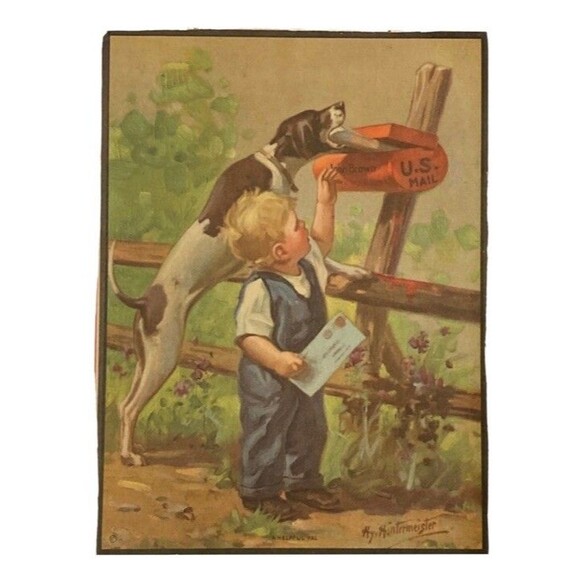 Art | Antique Henry Hintermeister Print A Helpful Pal Boy Bird Dog ...